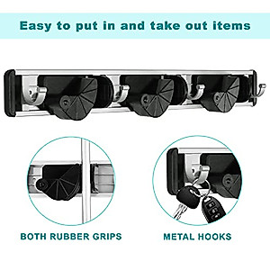 Broom Holder Wall Mount Sangle Sopffy Tool Organizer Broom Rack Anti-Slip Mop Organizer Garage Laundry Room Storage Mop and Broom Holder Wall Mount with 3 Positions 4 Hooks 16.4 inch (Black)