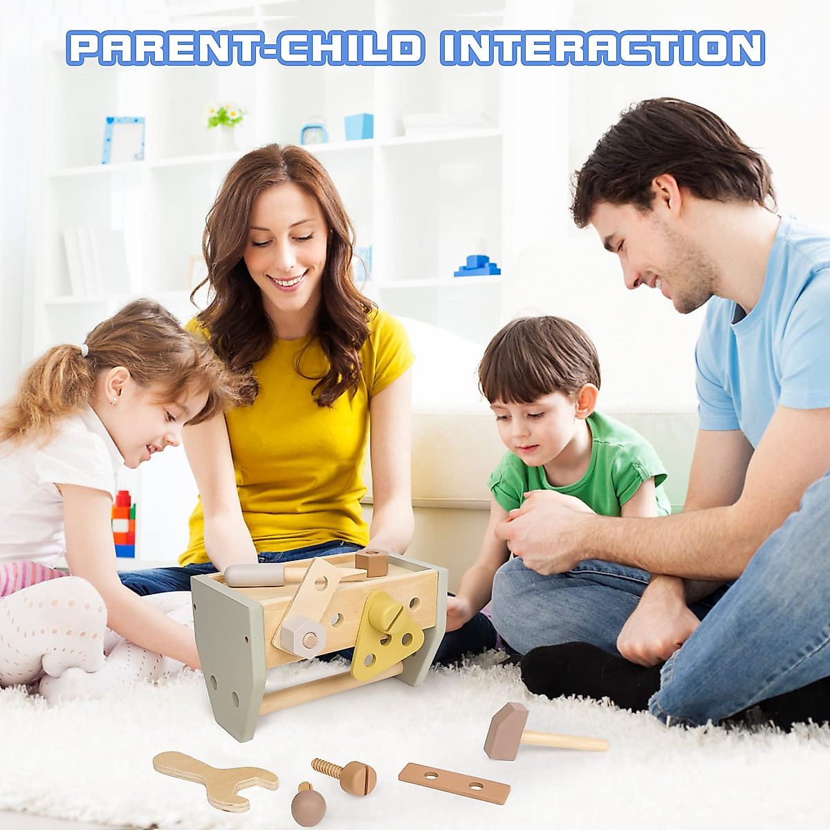 LEADER JOY Montessori Wooden Tools Kit Toddler Educational Construction Kids Toys Sets Play Box Preschool Play Tool Wooden Construction Toy （Yellow）