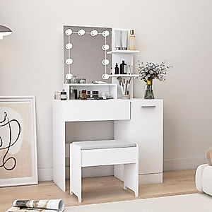 Makeup Vanity Table, Make Up Vanity Desk with Large Mirror and 10 LED Lights, Brightness Adjustable, Dresser Table Desk with Drawers & Shelves, Bedroom Vanitys Desk for Girls Women, White, New