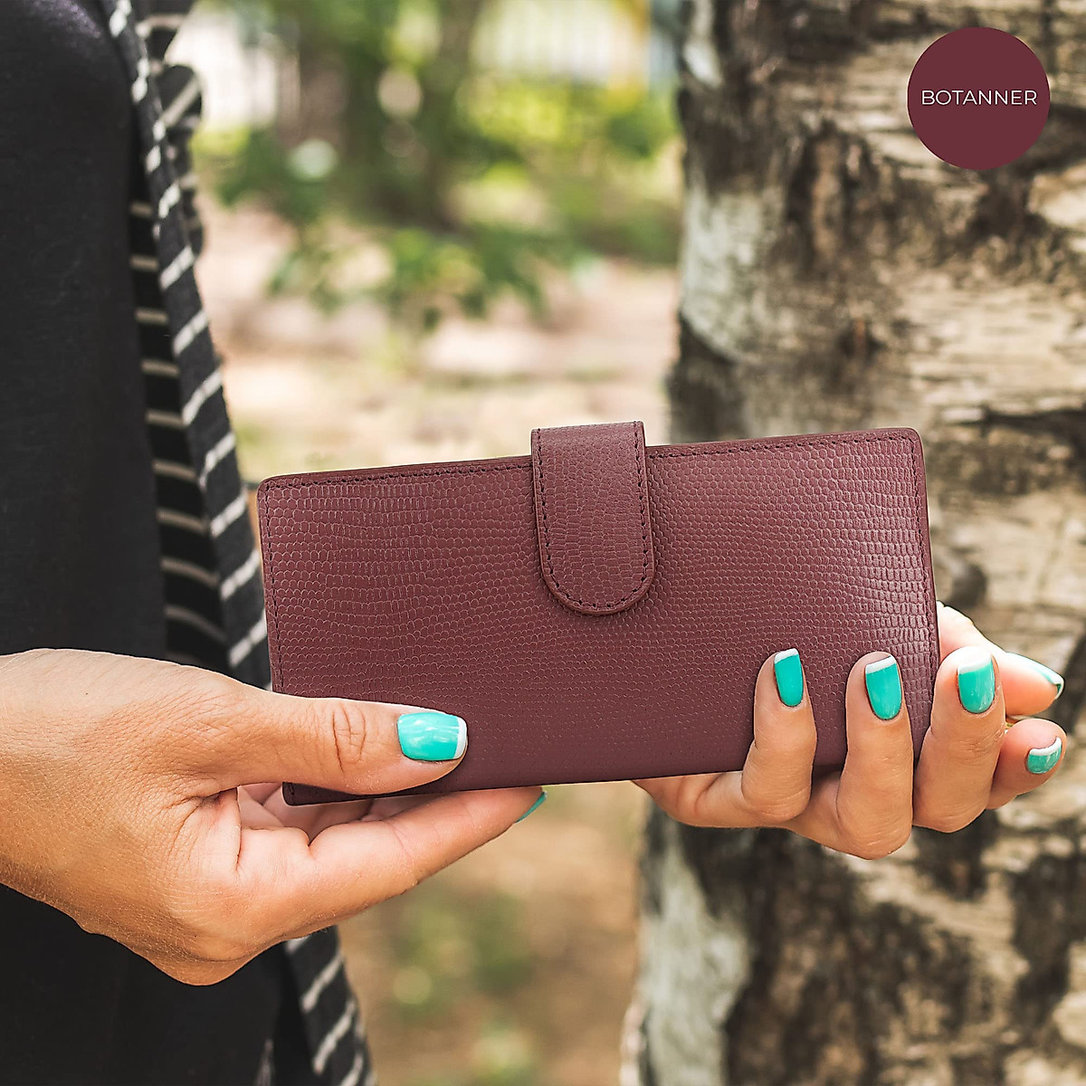 BOTANNER Genuine Leather Womens Clutch Wallet with Tab RFID Blocking 14 Credit Card Slots 2 ID Windows 4 Bill Sections Zipped Section for Coins | Oxblood (Gift for Her)