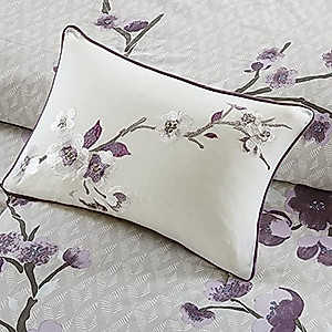 Madison Park Cozy Comforter Nature Scenery Design - All Season Bedding, Matching Bed Skirt, Decorative Pillows, Holly, Floral Purple/Taupe Queen(90"x90") 8 Piece