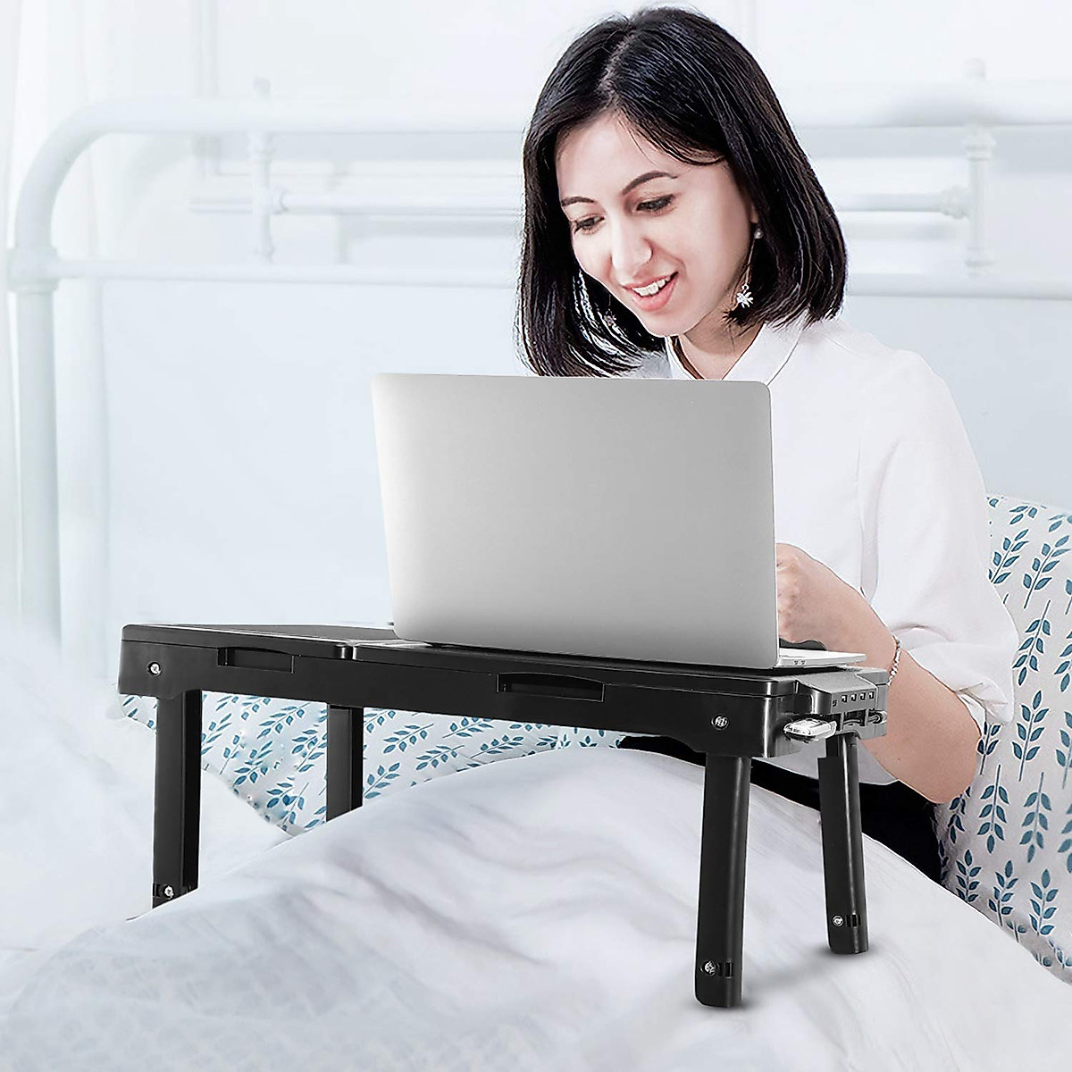 Moclever Laptop Table for Bed-Multi-Functional Laptop Bed Table Tray with Internal Cooling Fan & 2 Independent Laptop Stands-Foldable & 3 Different Height Laptop Desk-LED Lamp-4 Port USB