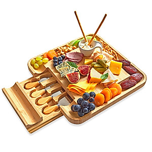 RoyalHouse Unique Bamboo Cheese Board and Knife Set with Slide-Out Cutlery Drawer - Charcuterie Boards Set & Cheese Platter - Ideal Anniversary, Wedding and Housewarming Gift