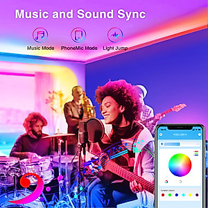 50ft Bluetooth LED Strip Lights, SMD5050 Music Sync LED Lights Strip，RGB Color Changing LED Lights with Remote, Smart Phone APP Control, LED Lights for Bedroom, TV, Room DIY (APP+Remote +Mic/50ftx1)