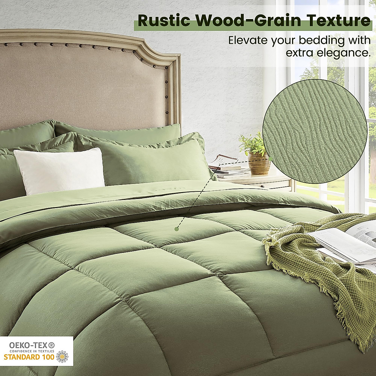 QUIETSEA King Size Bed in a Bag 7 Pieces Comforter Set King, Wood Grain Texture Bedding Comforter Set Green Bed Set with Comforter, Pillowcases, Flat Sheet, Fitted Sheet and Pillow Shams