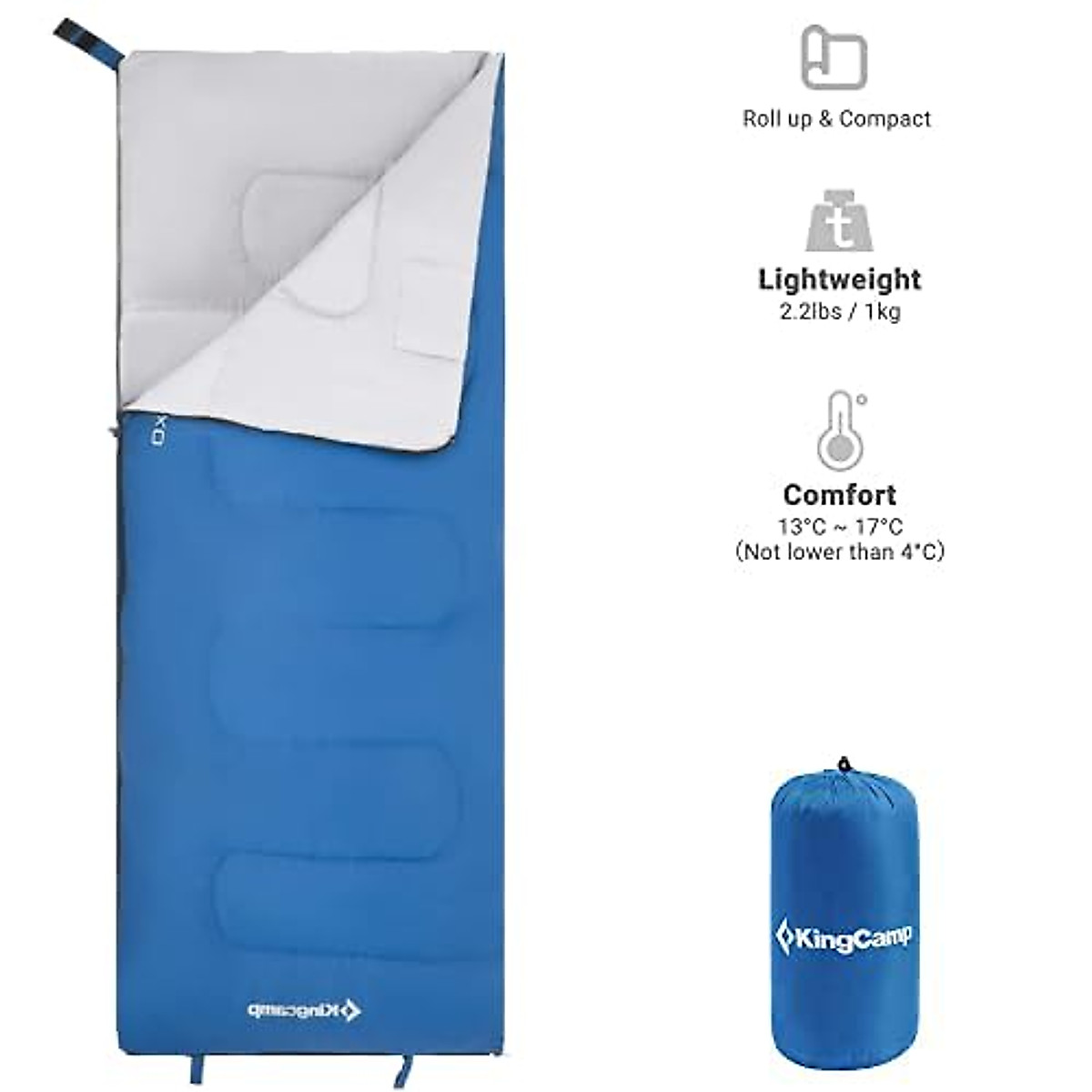 KingCamp Lightweight Envelope Sleeping Bag 55℉ Portable Waterproof Comfort for Cool Warm Hot Weather Compact Backpacking Camping Hiking Travel 70.8"x29.5"