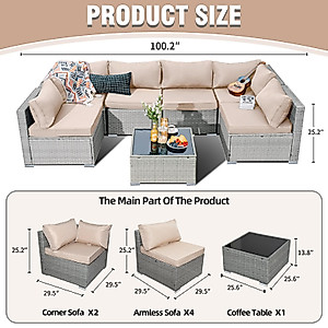 Skyfish 7 Pieces Patio Furniture Set - Outdoor Sectional Wicker Rattan Furniture with Cushion and Glass Table Patio Conversation Sets for Porch Poolside Backyard Outdoor Sofa Set Modular Sofa