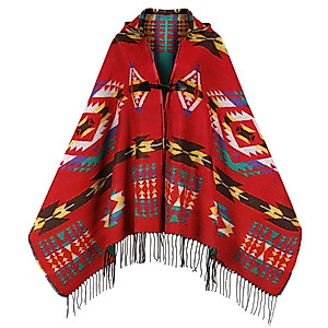 Uyuni Women's Bohemian Casual Hooded Shawl Fringe Poncho Cashmere Loose Plaid Cape Vintage Geometric Patterned Cardigan