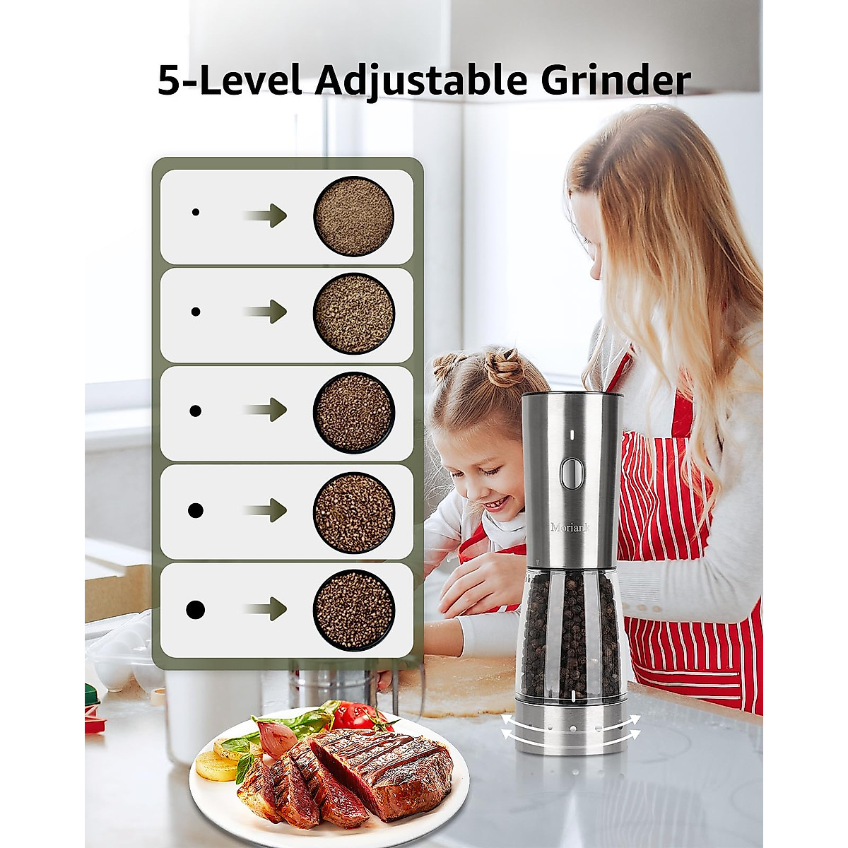 Electric Salt and Pepper Grinder Set, Large Capacity 5.3oz Salt and Pepper Grinder Set with Adjustable Coarseness, Rechargeable Stainless Steel Electric Pepper Grinder with Elegant Storage Base