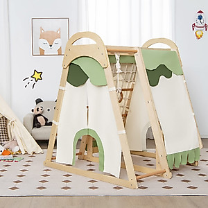 HONEY JOY Kids Indoor Playground, Jungle Gym Playset w/Climbing Rock Ramp, Slide, Rope Climber & Ladder, Monkey Bars, Rings, Removable Tent, Wooden Montessori Climbing Toys for Toddlers Boys Girls 1+