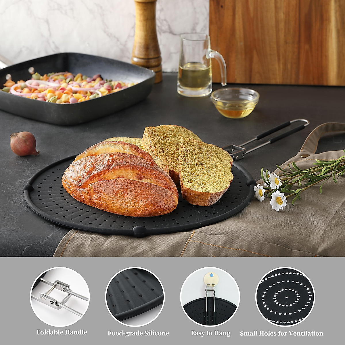 Splatter Guards for Frying, 13 Inch Silicone Grease Splatter Guard, Splatter Screen for Frying Pan with Latest Folding Handle, Cover Oil Splash When Cooking Fried Chicken or Popcorn