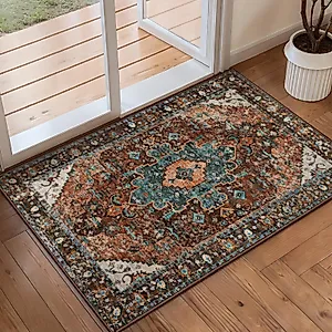 Ciicool Washable Vintage Area Rug, 2x3ft Small Boho Rug, Ultra Soft Rugs for Entryway, Non-Slip Entry Rugs Oriental Low-Pile Indoor Mat Floor Carpet for Entrance Bedroom Kitchen Bathroom Foyer Decor