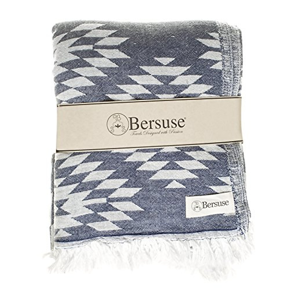 Bersuse 100% Cotton Teotihuacan XL Throw Blanket Turkish Towel - 75x90 Inches, Dark Blue