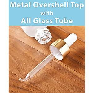 JUVITUS 1 oz Clear Frosted Glass Boston Round Bottle with Gold Metal Dropper (24 pack) + Funnel