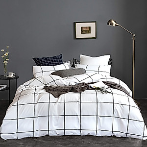 KAREVER White Grid Comforter Set Big Grid Queen Cotton White Black Plaid Printed Stripes Women Checkered Queen Comforters Bedding Set Bed Blanket Set White Plaid Comforter