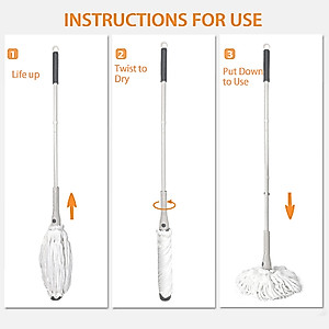 Self Wringing Mop for Floor Cleaning with 2 Reusable Heads, ZUBULUN Easy Squeeze Twist Mop with 51 Inches Long Handle and Top Scouring Pad, Wet Mops for Hardwood, Vinyl, Tile