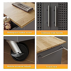Tornama Kitchen Island with Storage, Rolling Kitchen Island on Wheels with Solid Wood Countertop, Kitchen Island Cart with Rattan Storage Cabinet, Spice Rack, Towel Rack and Drawers, Grey