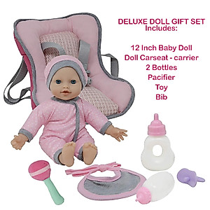 Doll Travel PlaySet - Baby Doll Car Seat Carrier Backpack with 12 Inch Soft Body Doll Includes Doll Bottles and Toy Accessories … (Caucasian)