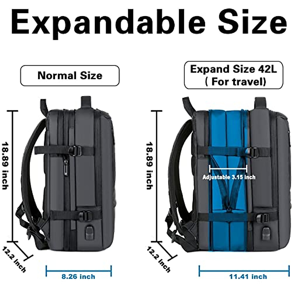 Travel Backpack, Extra Large Travel Backpack, Carry On Backpack, 40L Expandable Flight Approved Water Resistant Luggage Casual Daypack with USB Port Fits 17 Inch Laptop, Travel Gifts for Men, Black
