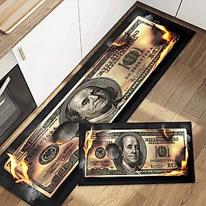 DVKKHD Money Kitchen Rugs Washable Burning 100 Dollar Bill Bathroom Rug Set 2 Piece Modern Kitchen Mats for Floor Non Skid Entryway Rug for Bedroom Home Decor Carpet Runner 17.7”x29.5”+17.7”x59”