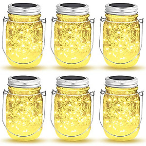 Mason Jar Solar Lights 40 LED, 6 Pack Fairy Hanging Solar Lights Outdoor with Jars and Hangers, Waterproof Decorative Solar Lanterns for Home Garden Patio Party Wedding Christmas, Warm White