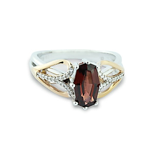 Belantina Heartland By Beverley Mitchell 10K Rose Gold with .925 Sterling Silver 10x5.5mm Special Cut Garnet & Diamond Accented Statement Ring (H-I, I2-I3) - Size 8