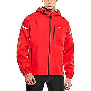 TSLA Men's Cycling Waterproof Jacket, Reflective Hoodie Windbreaker, Packable Bike Rain Jackets with Back Pocket, Cycling Red, Large