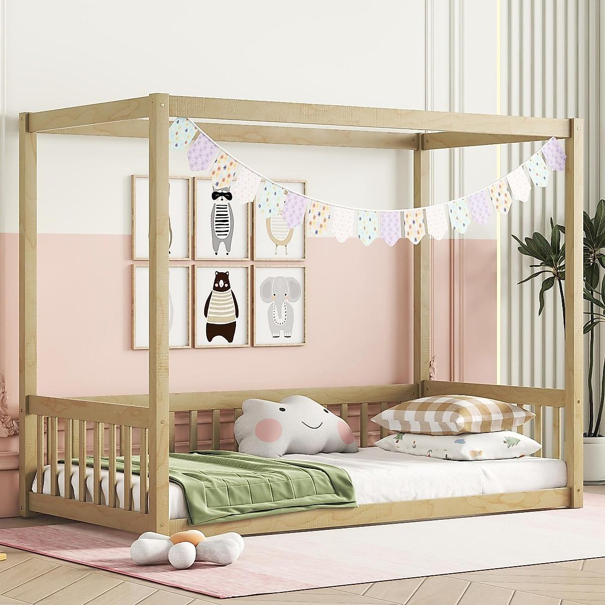 Luxo Abode Twin Size Montessori Canopy Frame Floor Bed with Guardrails Fence, 4-Poster Pine Wood Bed Frame, Easy Assembly, for Toddlers, Children's Room, Playroom, Natural