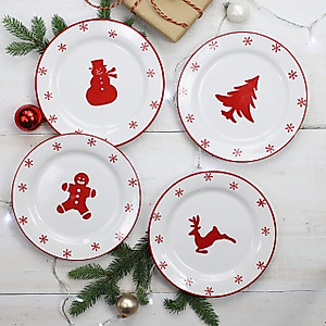Euro Ceramica Winterfest Collection 12 Piece Dinnerware Set | Festive Ceramic Stoneware Dinnerware Set | Service for 4 | Hand-Stamped Holiday Design, Red & White Christmas Patterns,WFT-12000-DS