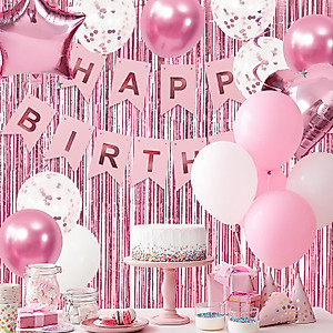 RUBFAC Pink Birthday Decorations for Women and Girls, Happy Birthday Banner, Pink Fringe Curtain, Pink Confetti Balloons, Heart Shape Foil Balloons for Women Girls Birthday Princess Party