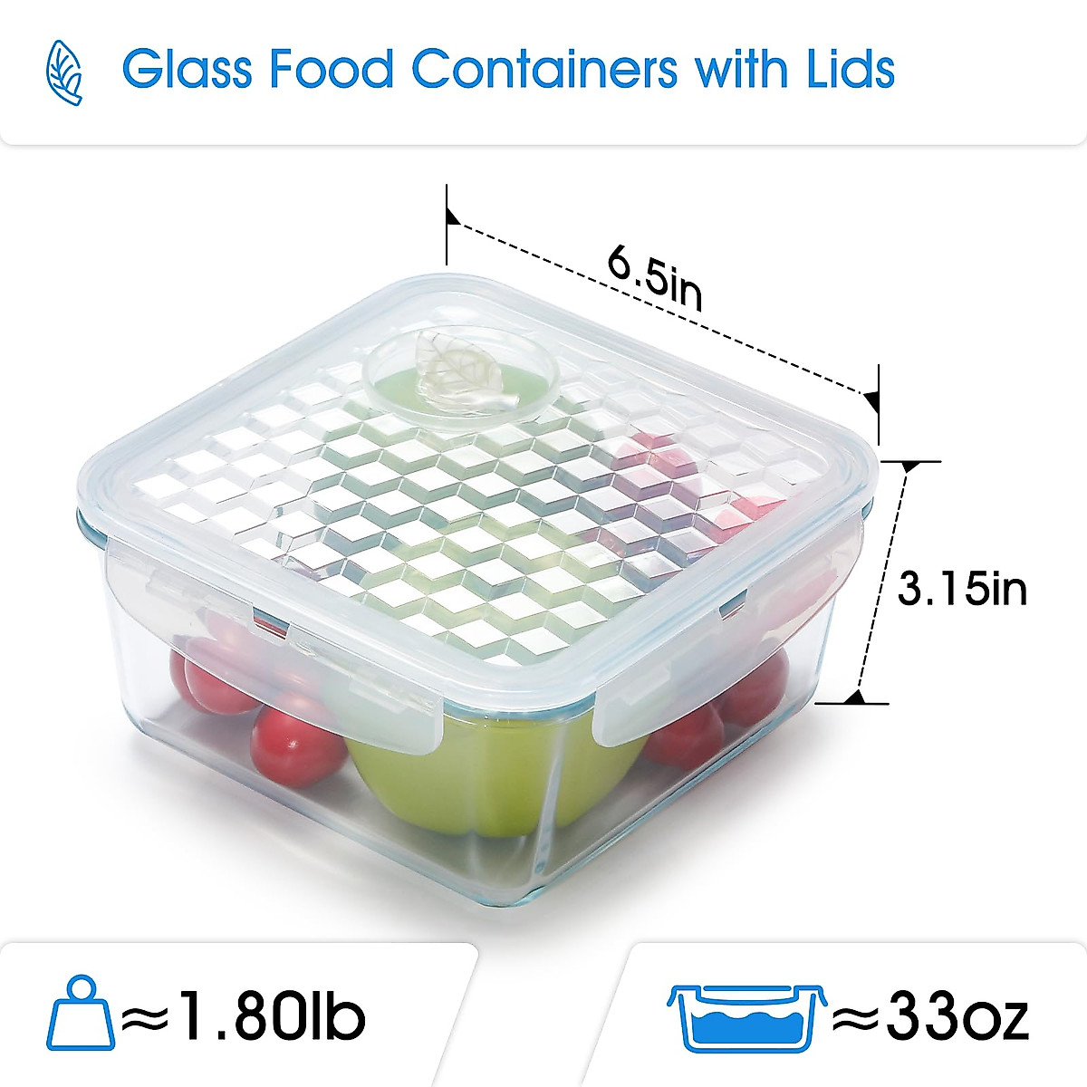 NUTRIUPS 33 Oz Glass Food Storage Containers with Lids, 5.2 Inch Meal Prep Glass Containers with Airtight Lids, Square Glass Bowls with Lids, Microwave, Oven, Freezer and Dishwasher Safe