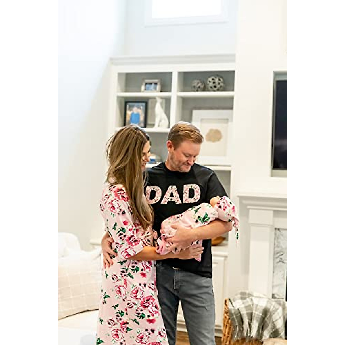 Baby Be Mine Maternity Nursing Delivery Robe & Baby Girl Swaddle Blanket Set with Daddy T-Shirt (Small/Medium Robe -Large Tshirt, Amelia)