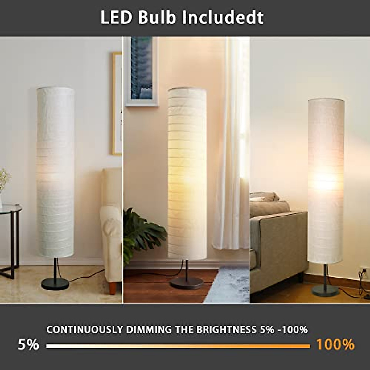 Modern Floor Lamp, Dimmable 3 Levels Brightness Paper Tall Lamp Standing Lamps with Lampshade, 55'' Minimalist Floor Lamps for Office, Kids Room, Reading, Home Decor (White)