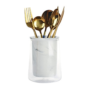 Silverware Caddy, Marble Style Utensil Caddy, Silverware Holder, 3.38″ Utensil Crock with Ceramic Filter Water Utensil Holder and Glass Water Storage Container, Cutlery Caddy, ANTIS'S HOME