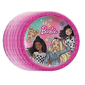 Barbie Party Supplies Bundle includes 24 Dessert Cake Paper Plates and 1 Dinosaur Sticker Sheet