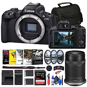 Canon EOS R50 Mirrorless Camera (Black) (5811C002) RF-S 55-210mm Lens + 64GB Card + Filter Kit + Corel Software + Bag + Charger + LPE17 Battery + Card Reader + Tripod + More (Renewed)