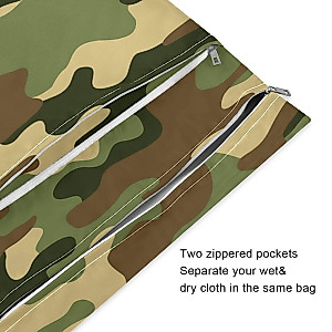 Baofu Camo Pattern Wet Dry Bags Sets Waterproof Reusable Travel Beach Baby Cloth Diaper Wet Dry Bags Organizer with Two Zippered Pockets for Swimsuit and Gym,2Pack