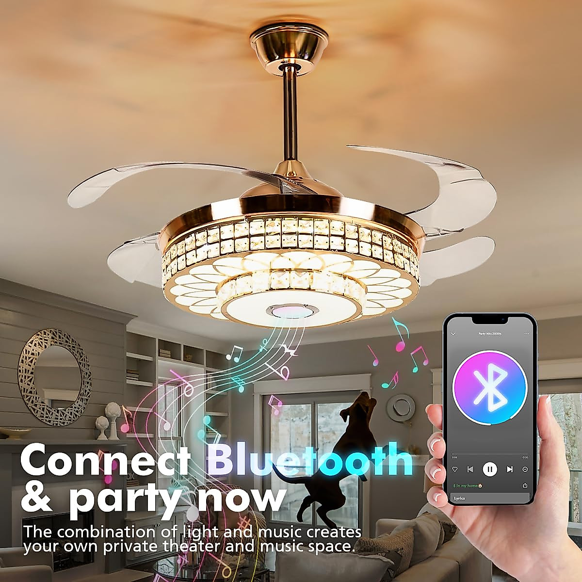 KPIBEST 42 inch Ceiling Fan with Light and Remote Control 3 Lights Levels, Modern Crystal Retractable Chandelier Fans with Bluetooth Music Speaker for Living/Dining Room Bedroom