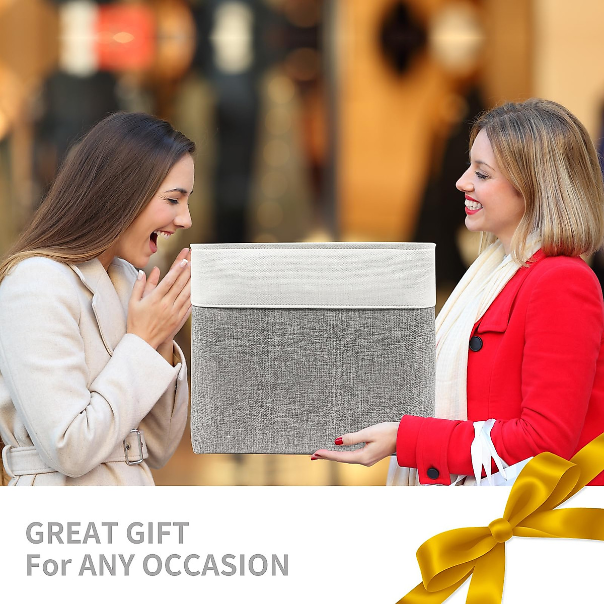 Bagnizer Large Fabric Storage Baskets | 50L Storage Bins, Decorative Linen Closet Baskets with Handles for Organizing, Shelf, Toys, Clothes, Home, Office, Nursery, 17x12x15Inches (Grey&White)