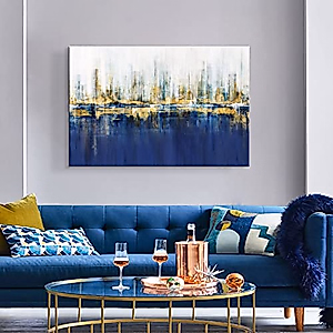 7Fisionart Abstract Wall Art Indigo Blue Canvas Paintings Gold Cityscape Modern Skyline Large Size Picture Artwork Framed for Living Room Bedroom Home Office Wall Decor 36"x24"
