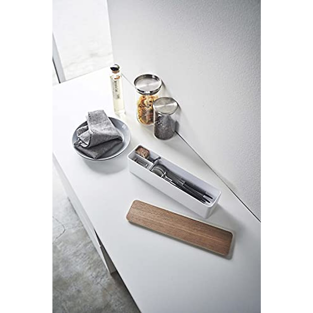 YAMAZAKI Home Rin Utensil Case Knife Fork Spoon Silverware Cutlery Holder With Divider, Portable For Kitchen Counter Or Table - Plastic + Wood