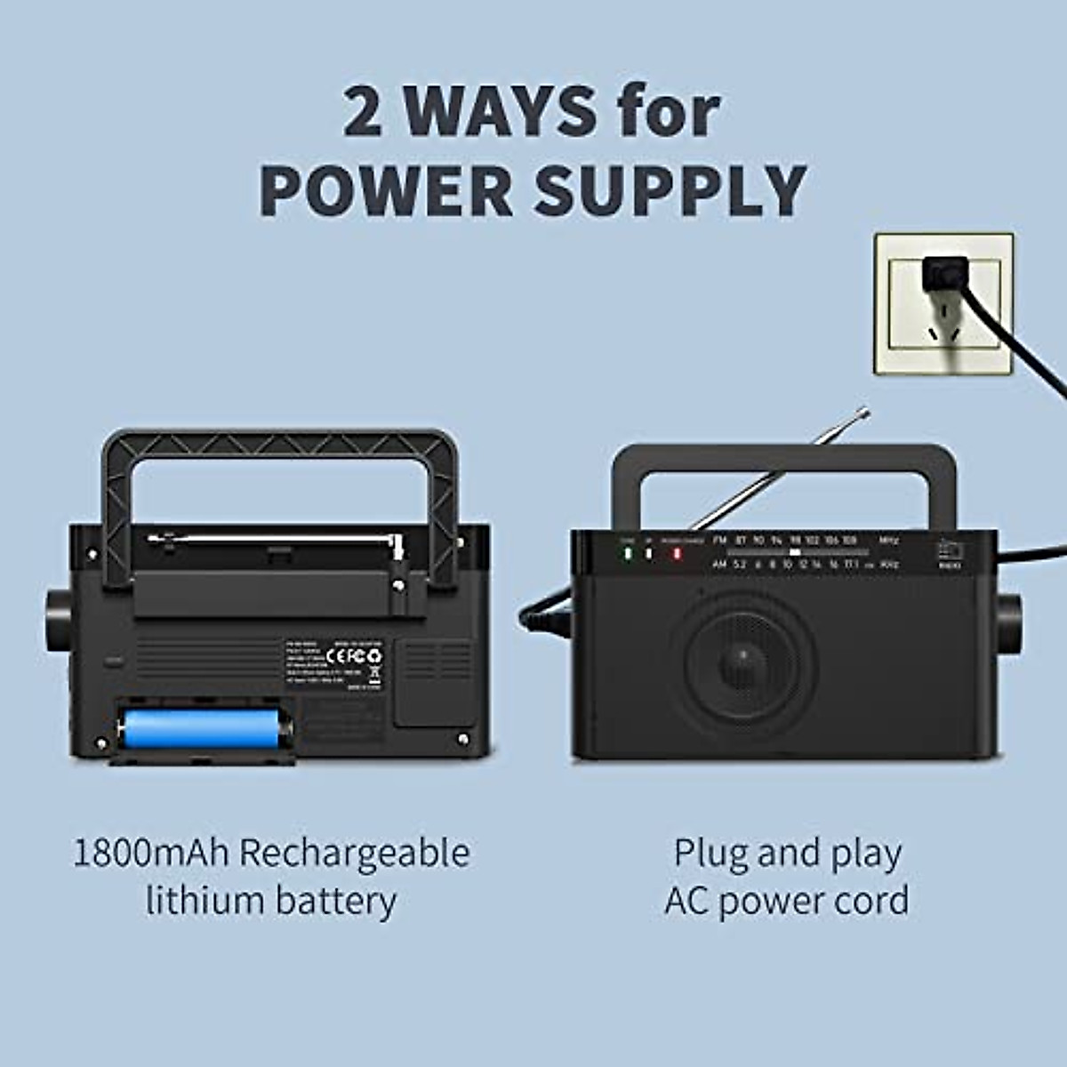 JEUJUG Portable AM FM Radio Bluetooth 5.0 Radio Speaker FM Radio with Rechargeable Battery/AC Power Plug in Wall Radio,Earphone Jack