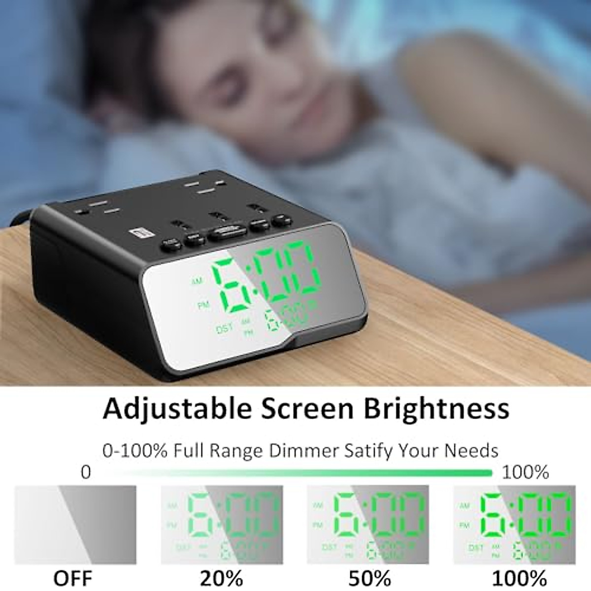 Electronic Alarm Clock with USB Charger Power Strip, 6FT Power Cord Alarm Clock Charging Station with 4 USB Ports and 2 Outlets for Bedside, Home, Hotel (Adjustable Brightness, ON/Off Switch)