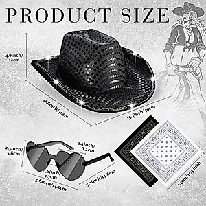 6 Pack Light Hat Space Cowgirl Hat LED Flashing Hat with 6 Heart Glasses 6 Paisley Bandanna Western Cowboy Costume(Black)