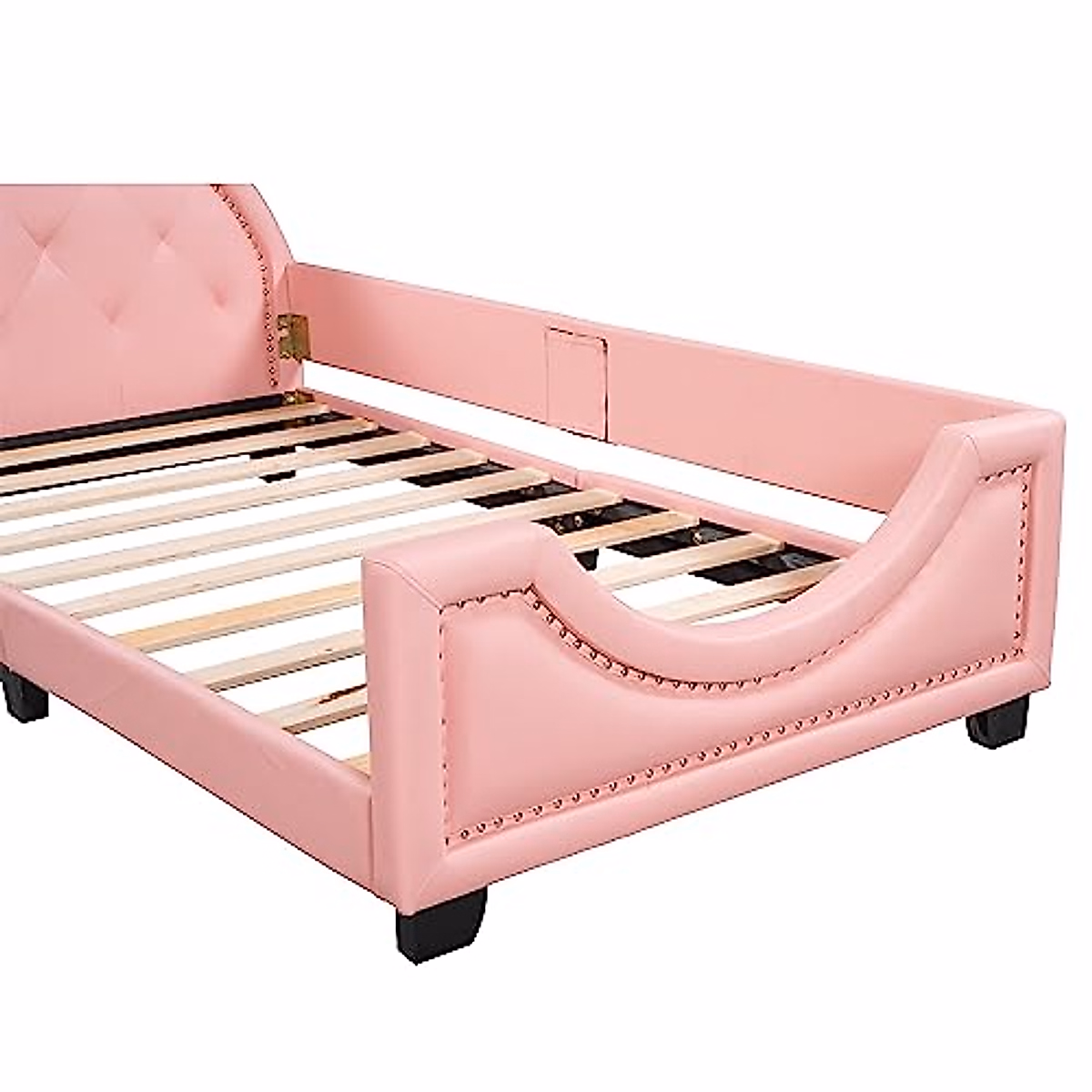 Mancofy Twin Size Cute Upholstered Daybed with Carton Ears Shaped Headboard, Wooden Twin Platform Bed Frame for Girls Boys, PU Leather Sofa Bed, Low Profile Single Bed (Triangular Ears Pink)