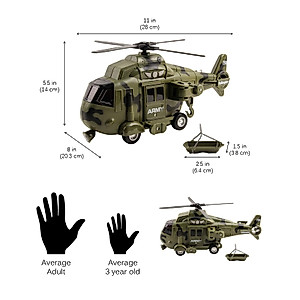 Vokodo Military Helicopter 11" With Lights Sounds Push And Go Includes Rescue Basket Durable Toy Friction Power Kids Army Soldier Chopper Pretend Play Truck Great Gift For Children Boys Girls Toddlers