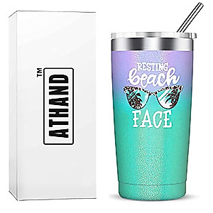 ATHAND 20 oz Insulated Tumblers with Lid and Straw | Resting Beach Face Double Wall Stainless Steel Vacuum Coffee Wine Tumbler Funny Mug for Women Girls Christmas Gifts (Mint+Purple)