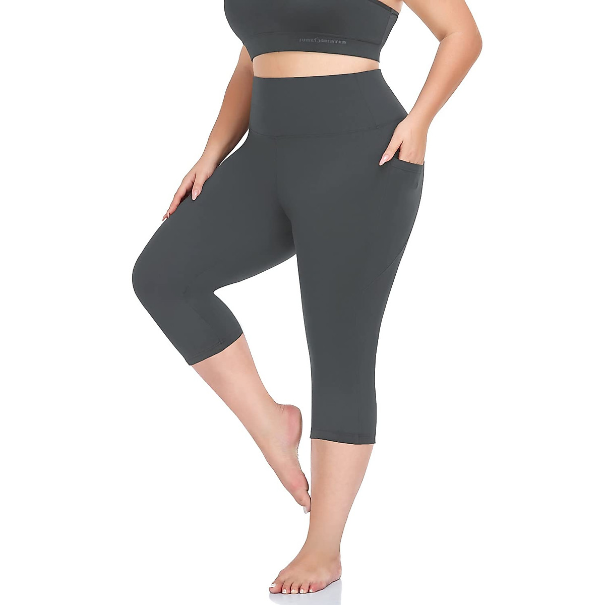 MOREFEEL Plus Size Capri Yoga Pants for Women with Pockets-Stretchy X-4XL Tummy Control High Waist Workout Black Leggings