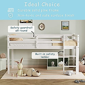 Tmosi Low Loft Bed Twin,Solid Wood Kids Twin Bed Frame with Ladders and Guard Rails,Space Saving Twin Size Loft Bed for Girl Boy,No Box Spring Needed,Easy to Assembly (Built-in Ladder-White)