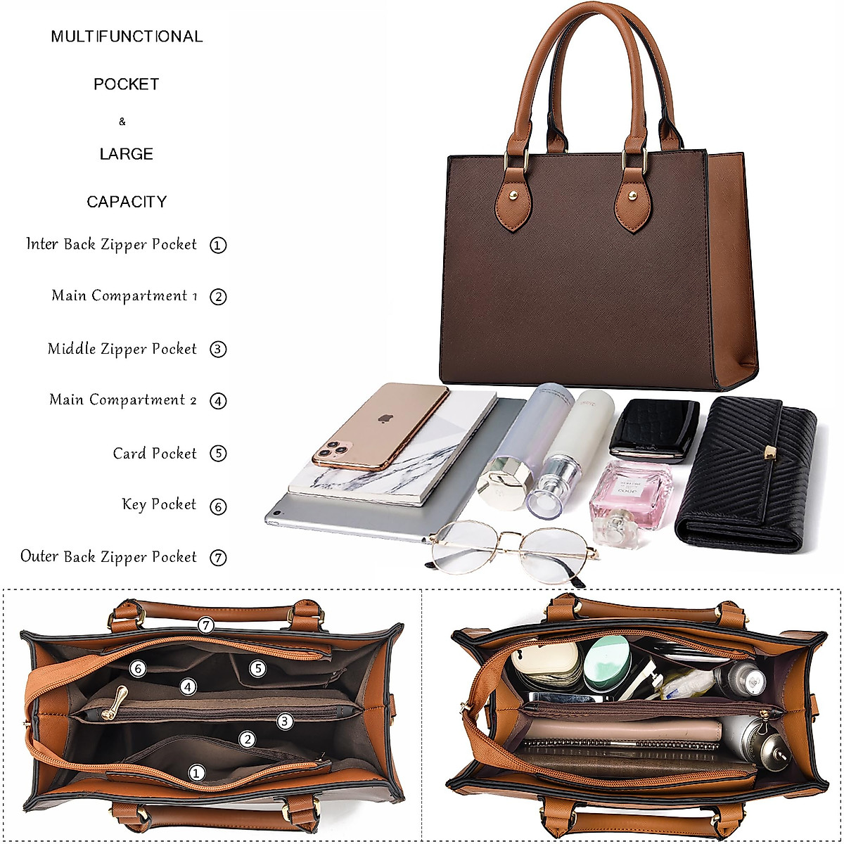 CHICAROUSAL Crossbody Purses and Handbags for Women PU Leather Tote Top Handle Satchel Shoulder Bags (Dark Brown -BR)